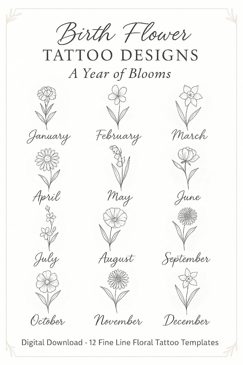Birth Flower Tattoo Design: Minimalist Line Art (digital Download, Jan ...