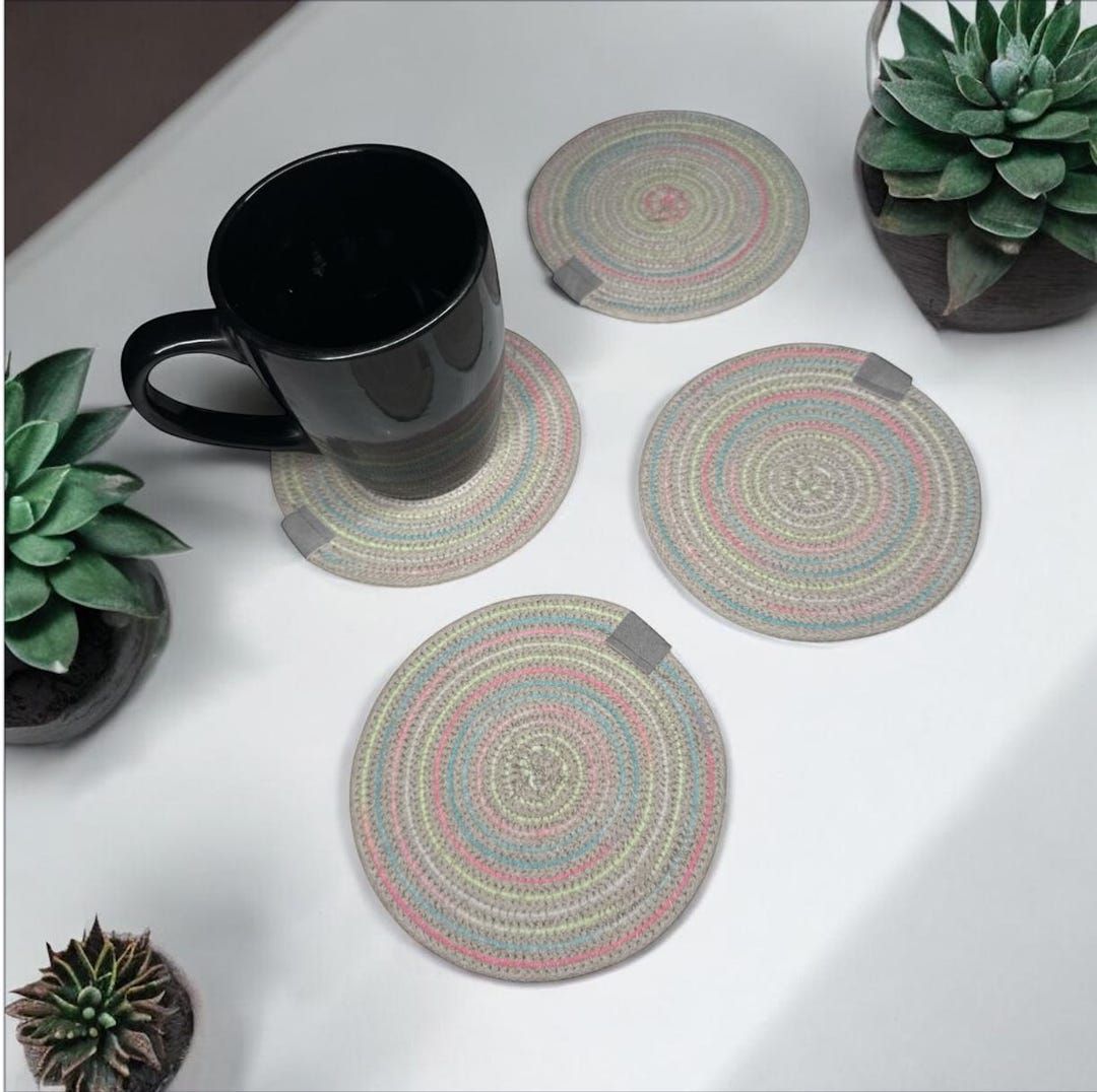 Handmade Cotton Rope Coasters Set: Pastel Woven Drink Coasters (4psc ...
