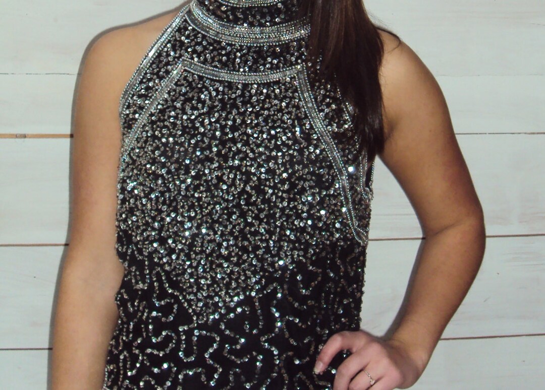 Vintage 80s Silver Sequin Beaded Halter Top / High Neck / Crystals and ...