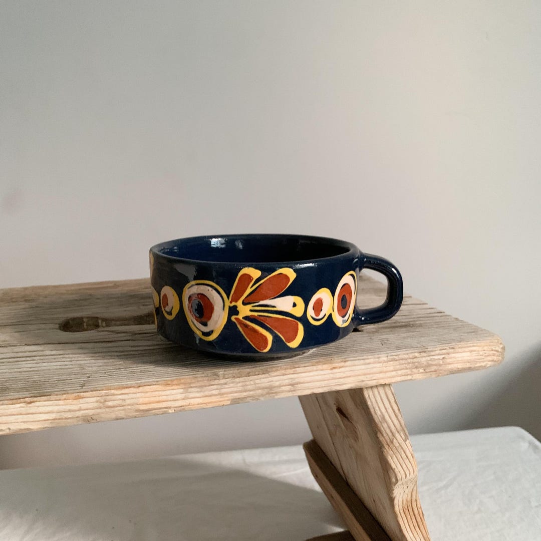 Vintage Hungarian Folk Pottery Cup - Hand-painted Rustic Ceramic Matcha ...