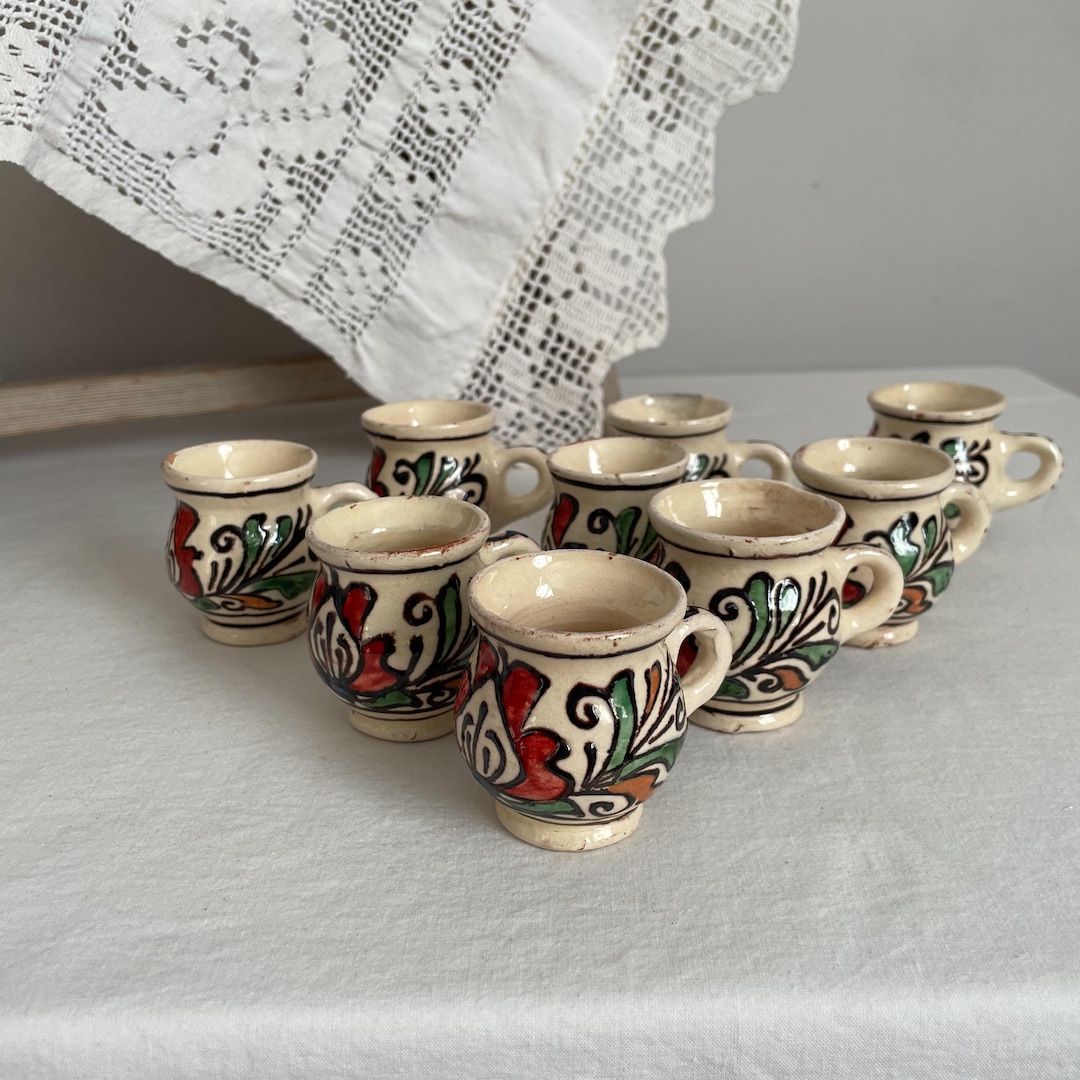 Set of 9 Korond Pálinka Cups – Hand-painted Hungarian Folk Pottery ...