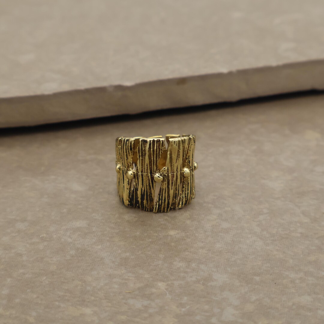 Handmade Gold Bark Texture Ring – Wide Organic Nature Inspired ...