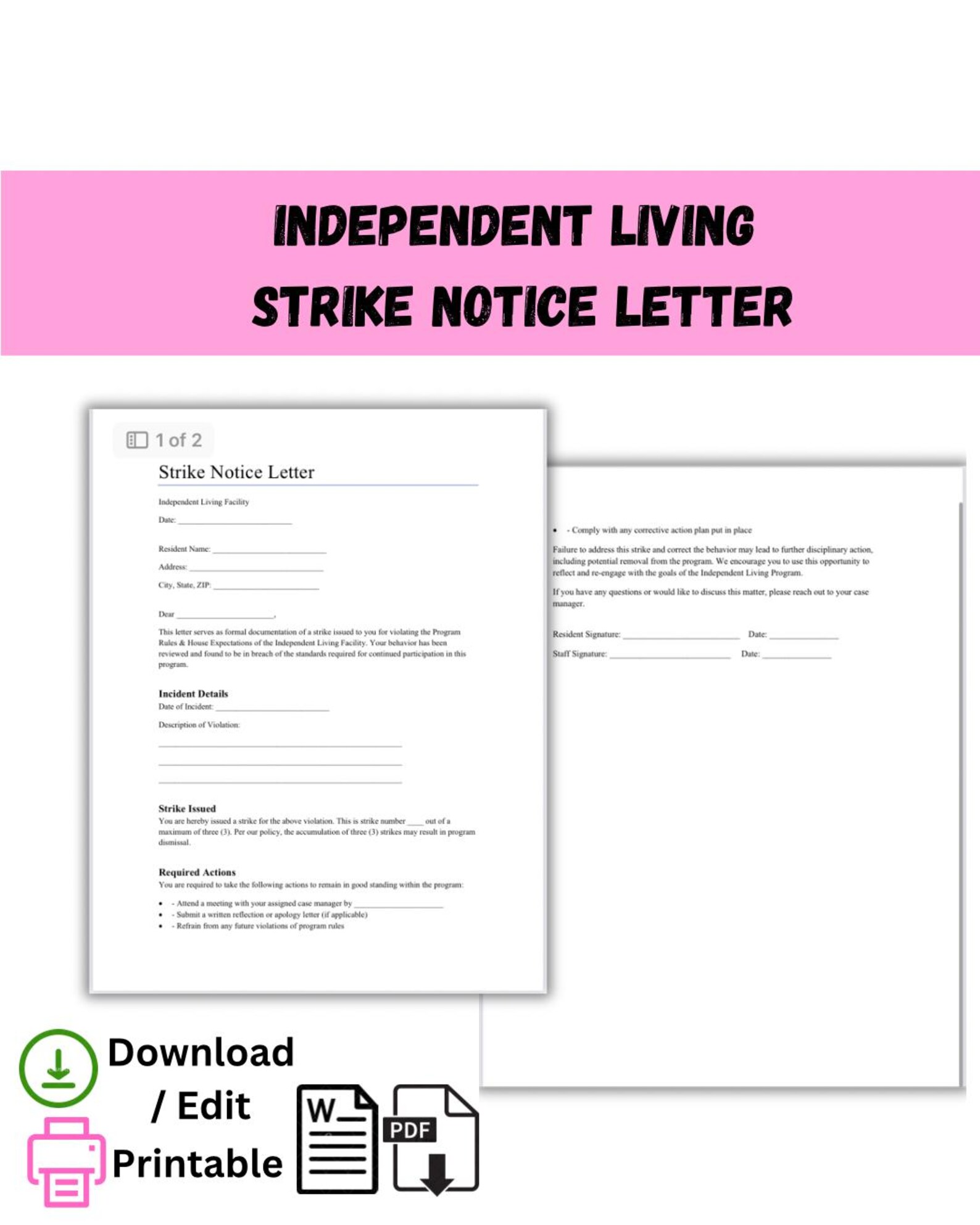 Strike Notice Letter Template for Independent Living Facility ...