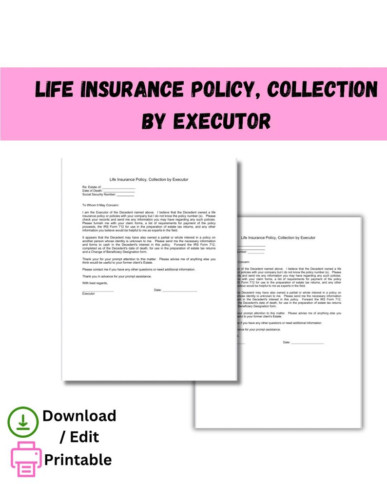 Life Insurance Policy Collection Letter by Executor | Estate Administration Template | PDF ...