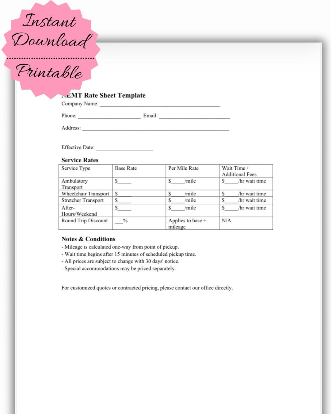 NEMT Rate Sheet Template | Printable Pricing Sheet for Medical ...