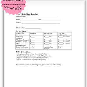NEMT Rate Sheet Template | Printable Pricing Sheet for Medical ...
