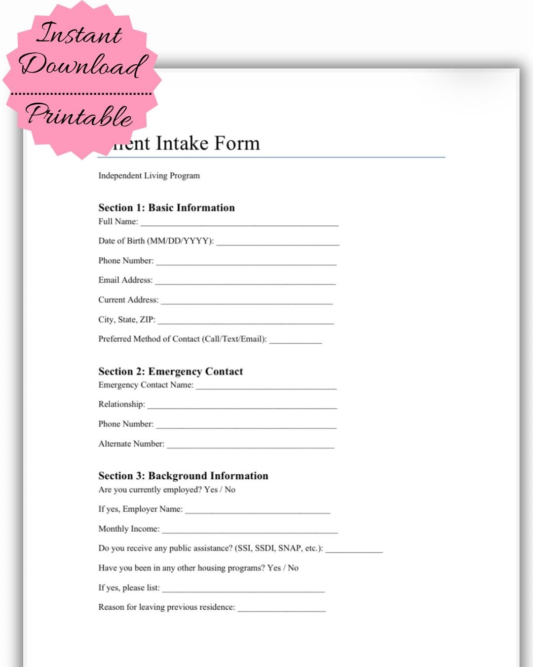 Client Intake Form for Independent Living Facility | PDF Template for Resident Admissions ...