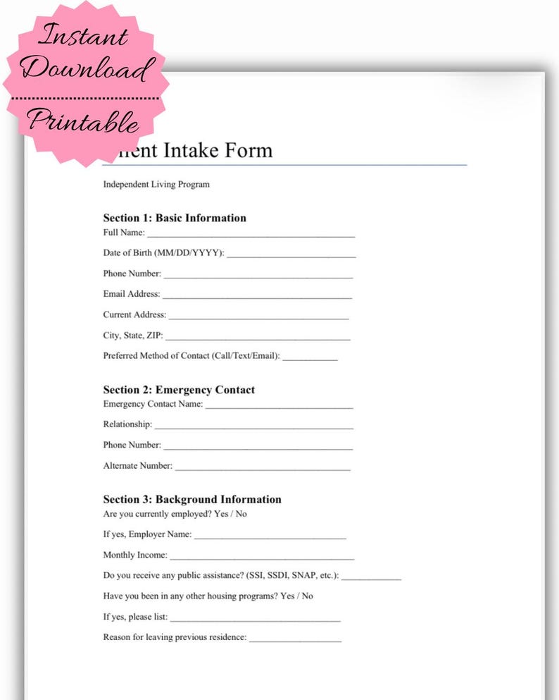 Client Intake Form for Independent Living Facility | PDF Template for ...