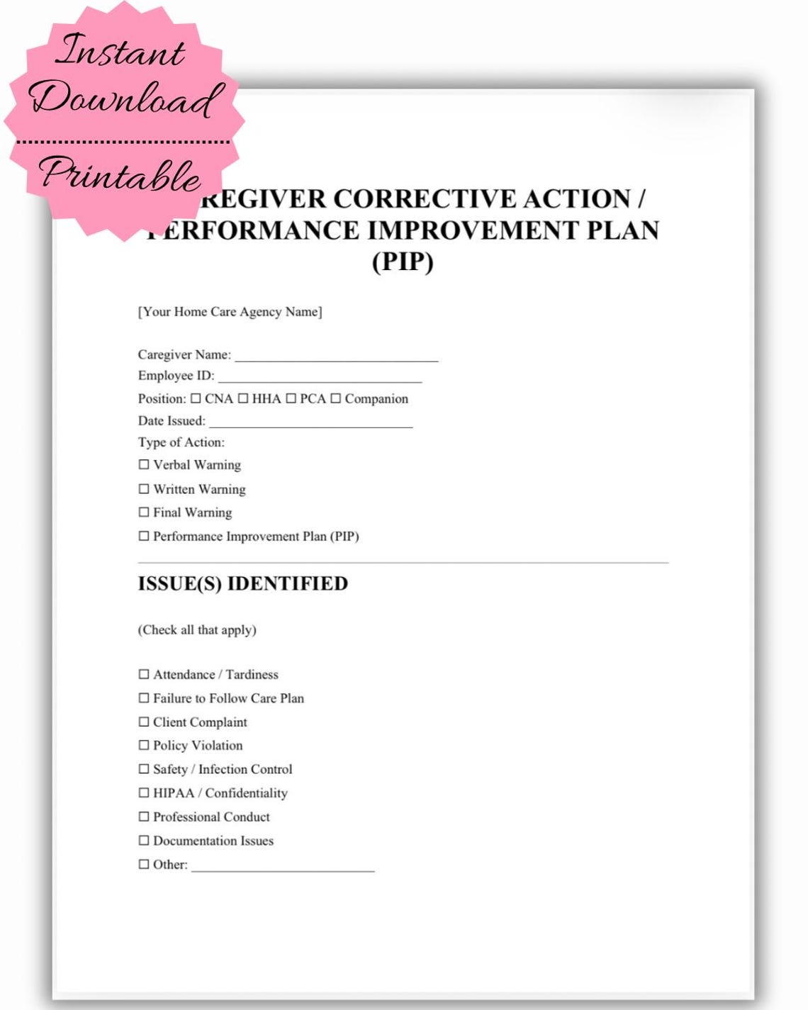 Caregiver Corrective Action Form | Home Care PIP Template (digital ...