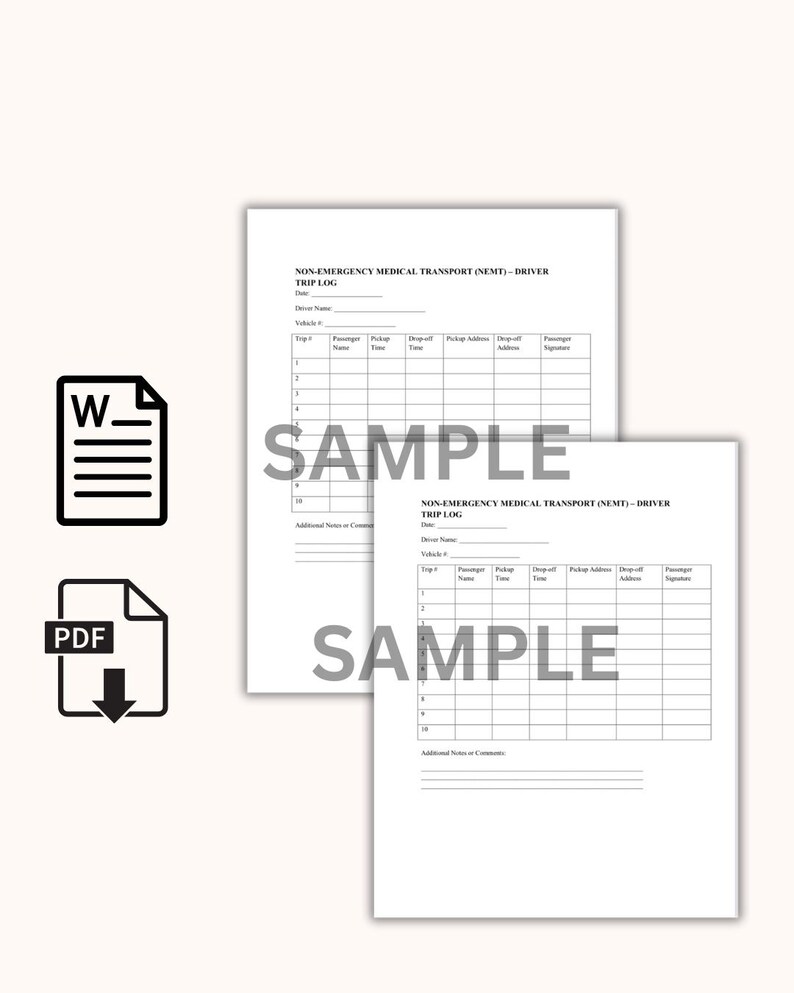 NEMT Driver Trip Log Template | Printable Daily Transportation Log ...