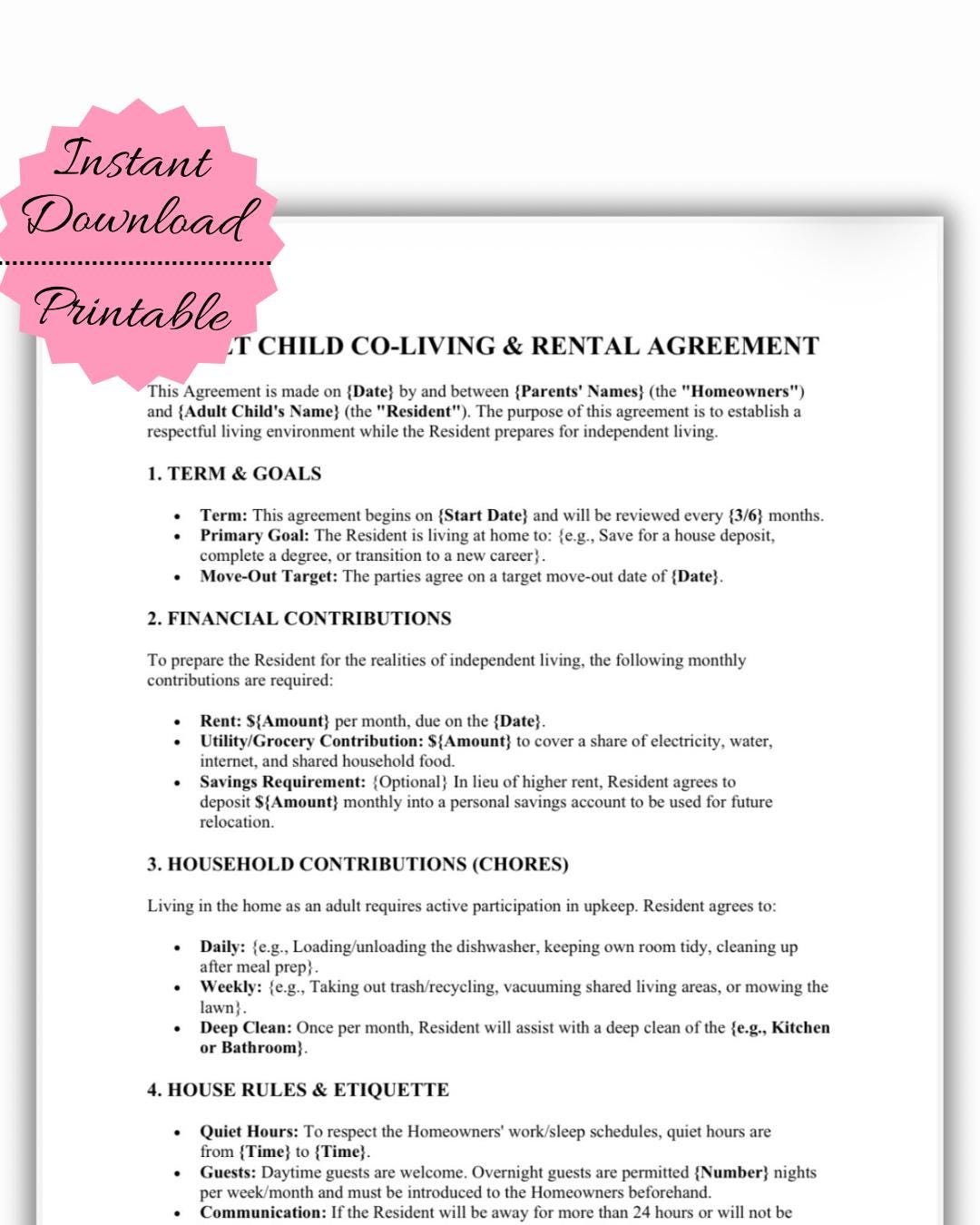 Adult Child Co-living Agreement | Family House Rules Template (digital ...