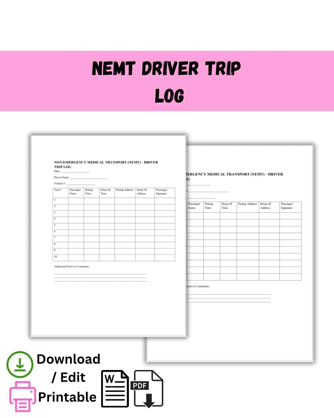 NEMT Driver Trip Log Template: Printable Medical Transport Sheet (PDF ...