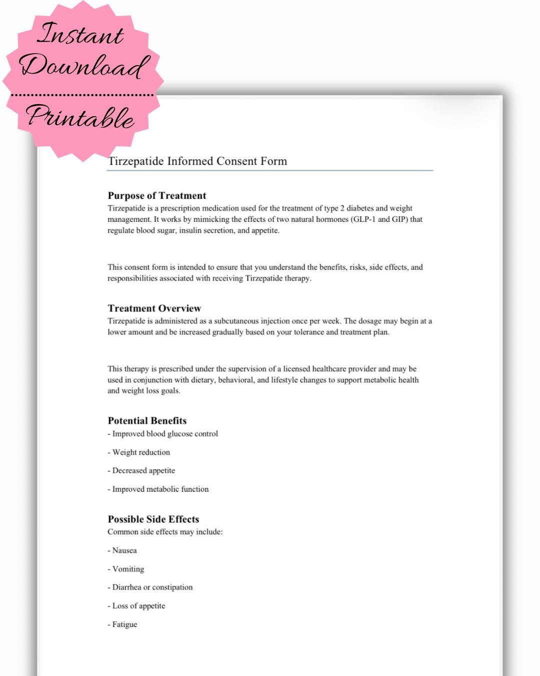 Tirzepatide Consent Form: GLP-1 Therapy Authorization PDF - Etsy