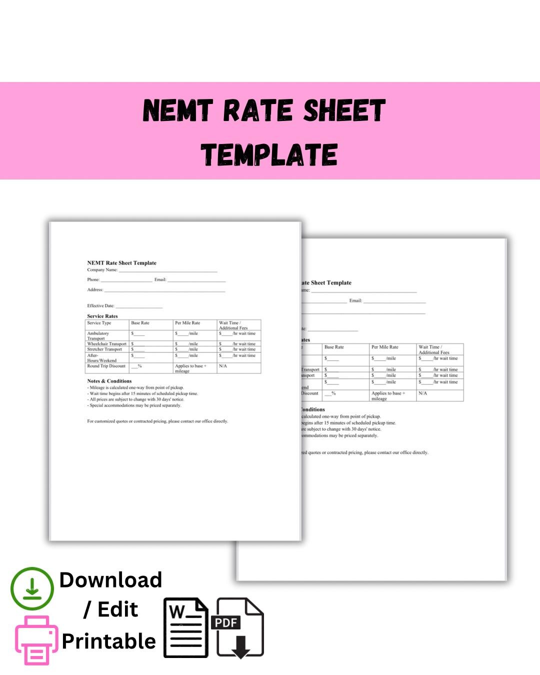 NEMT Rate Sheet Template | Printable Pricing Sheet for Medical ...