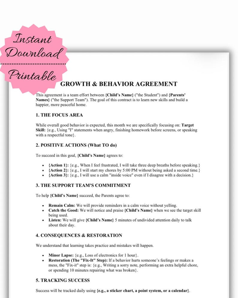 Contrat de comportement de l'enfant imprimable | Parentalité positive ...