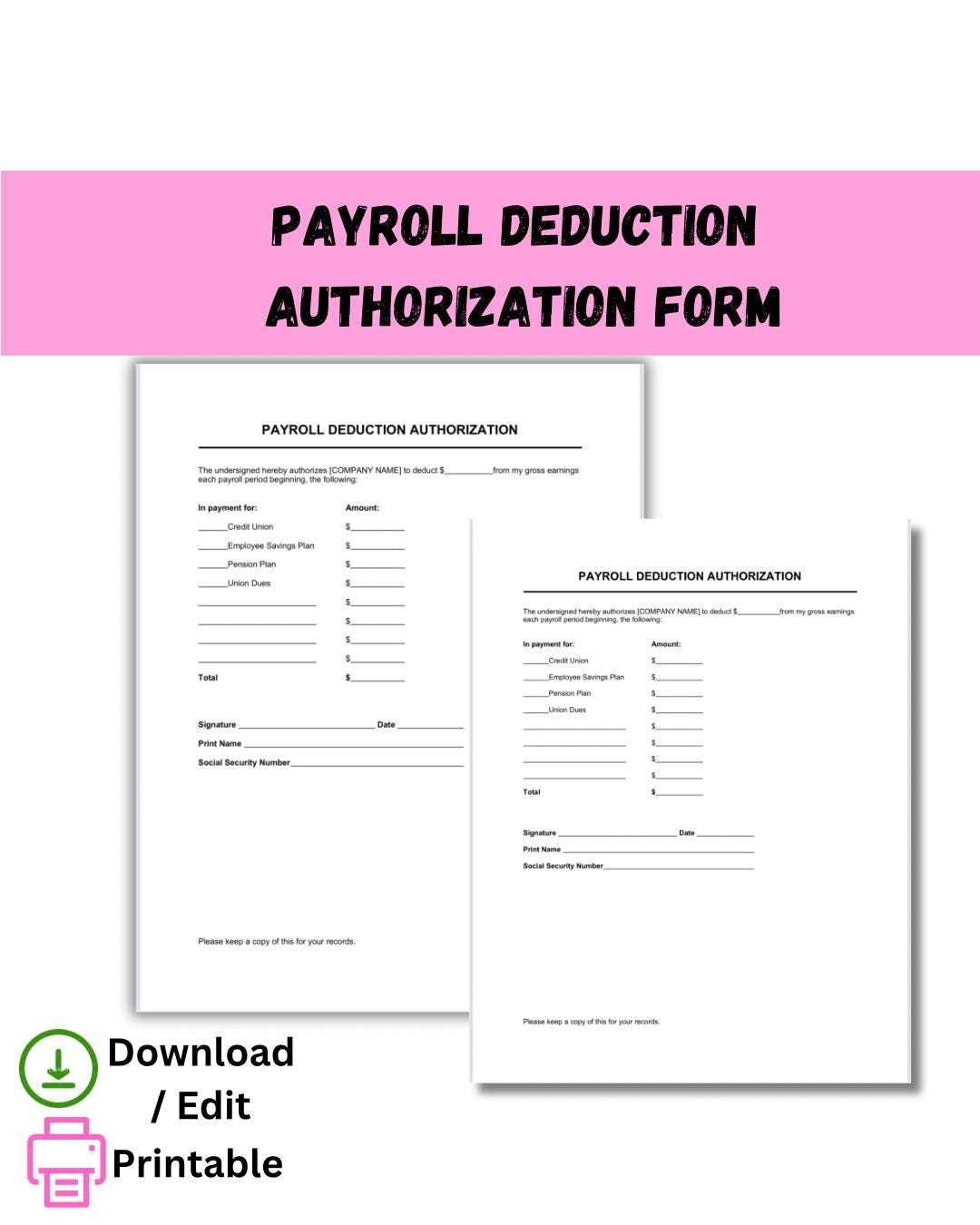 Payroll Deduction Authorization Form Template | Employee Payroll Agreement | HR & Compliance ...