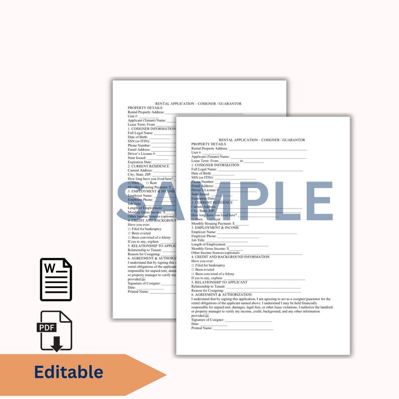 Cosigner Rental Application Template | Landlord Guarantor Form (PDF ...