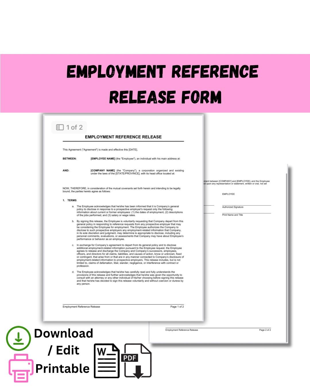 Employee Reference Release Agreement Template | Employment Reference ...