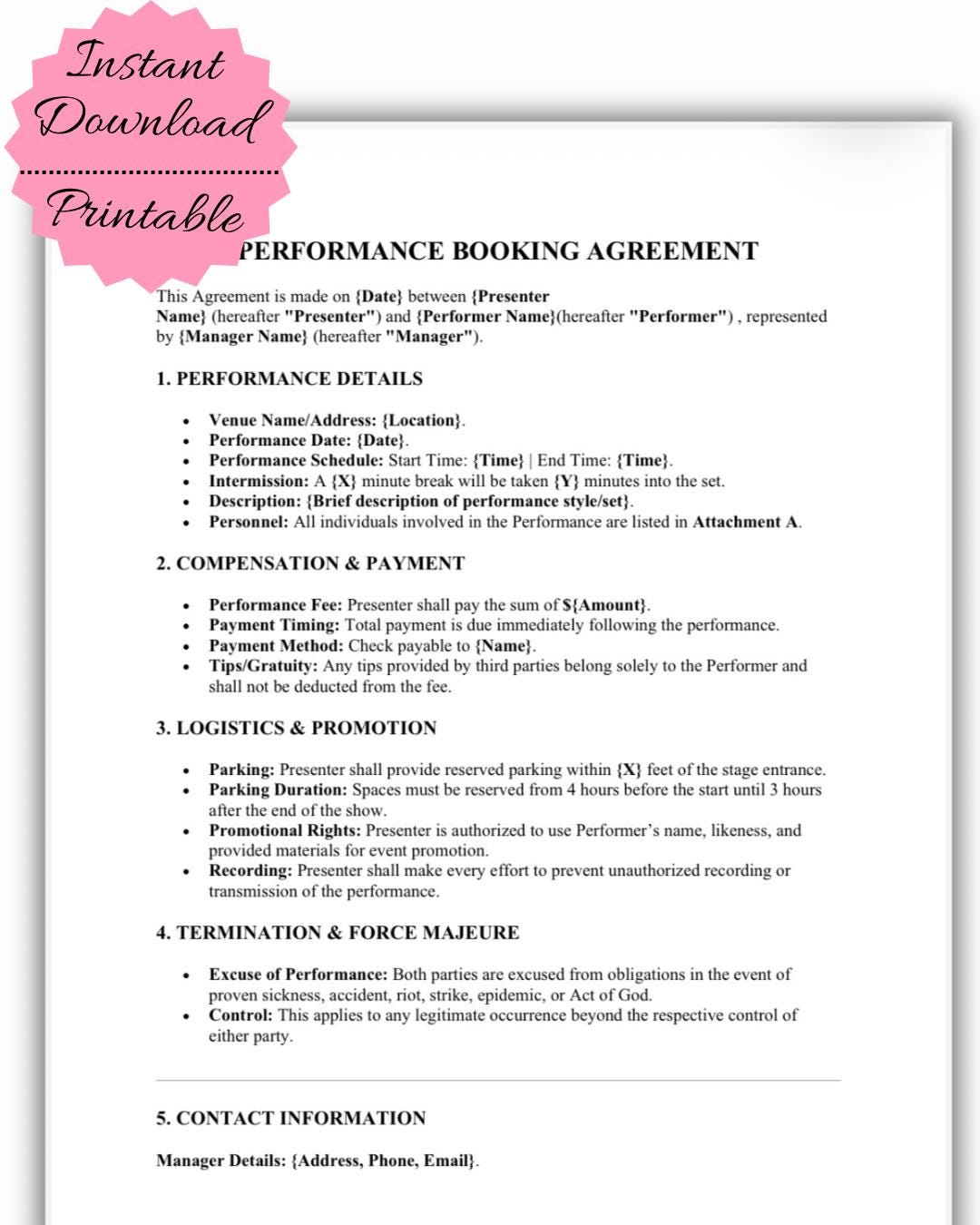 Performance Booking Agreement Template | Musician, DJ, Live Event ...