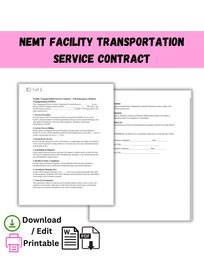 NEMT Facility Service Contract Template | Printable Transportation ...