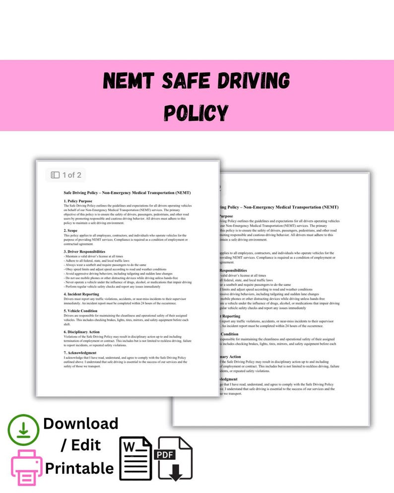 NEMT Safe Driving Policy Template | Printable PDF for Driver Safety ...