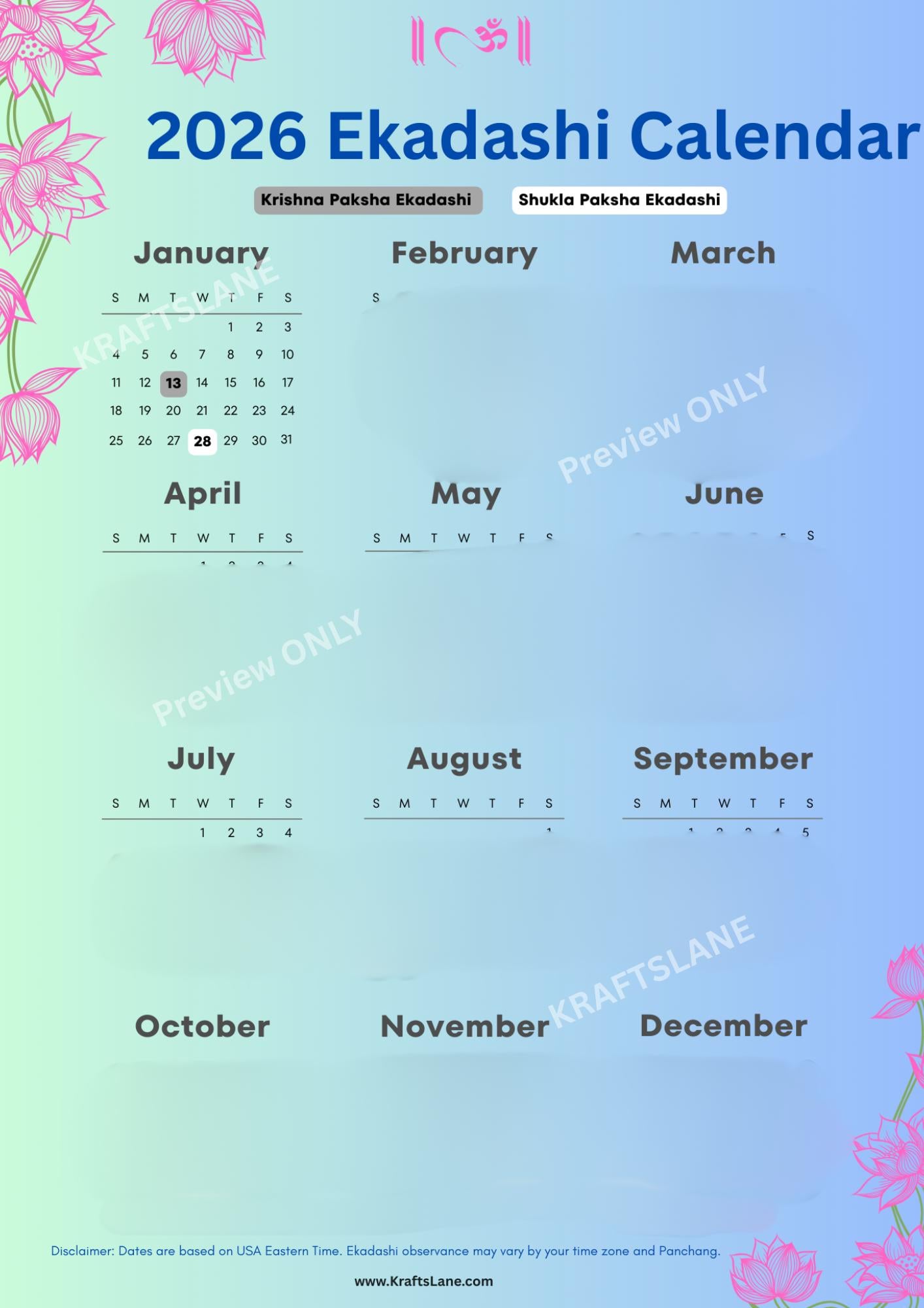 2026 Ekadashi Calendar Hindu Fasting Dates Digital Download PDF - Etsy