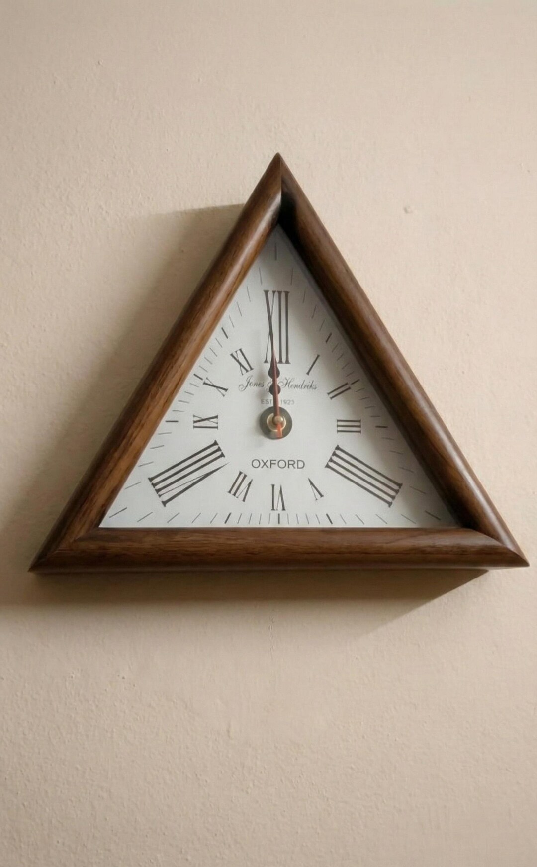 Triangle Wooden Wall Clock , Vintage Style Roman Numeral Clock , Dark ...