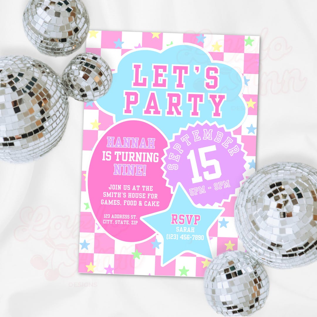 Preppy Checker Print Birthday Invitation: Pink, Lavender, Blue (digital ...