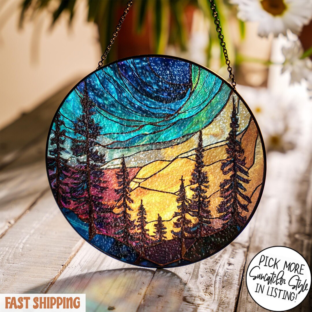 Northern Lights Aurora GLASS 2D Flat SUNCATCHER Forest Aurora Acrylic ...