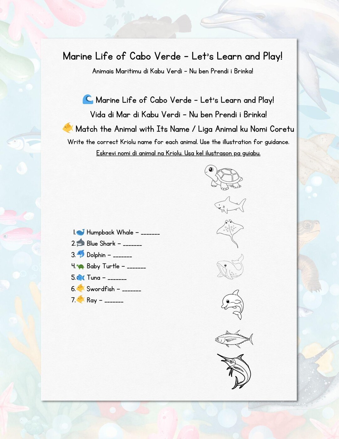 Cape Verde Marine Life Worksheet | Bilingual English-kriolu Activity ...