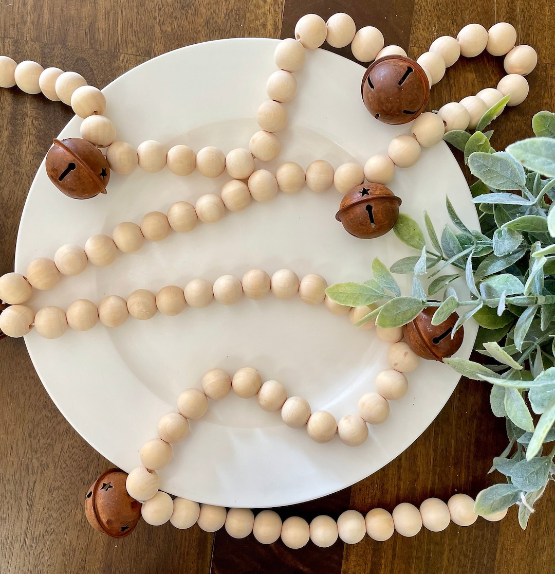 Rustic Jingle Bell Long Wood Bead Christmas Tree Garland, Rusty Bells ...
