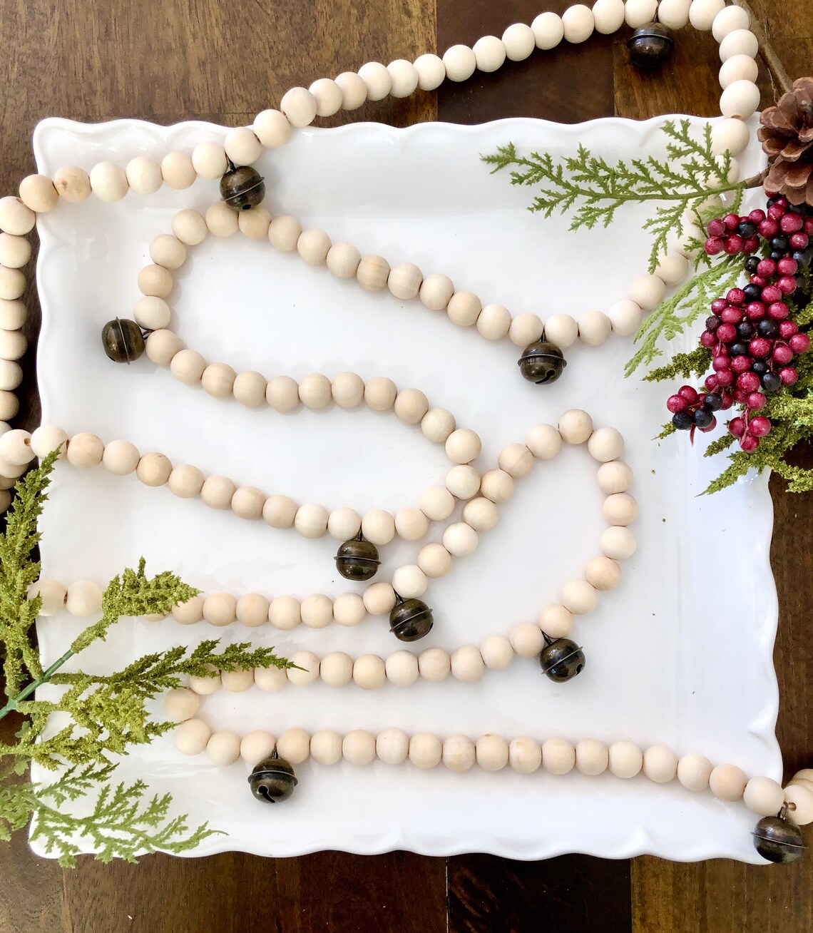 Natural Wood Bead Christmas Tree Garland With Jingle Bells - Etsy