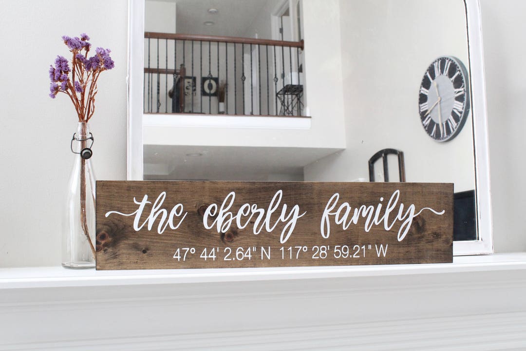Family Name Sign With Coordinates, Stained Wood Sign, Coordinates Sign ...