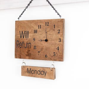 Will Return Clock Sign With Days of the Week, Hanging Door Sign for ...