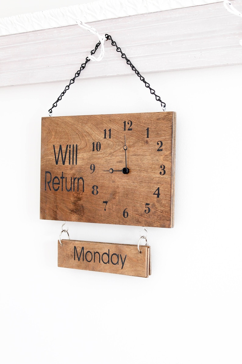 Will Return Clock Sign With Days of the Week, Hanging Door Sign for ...