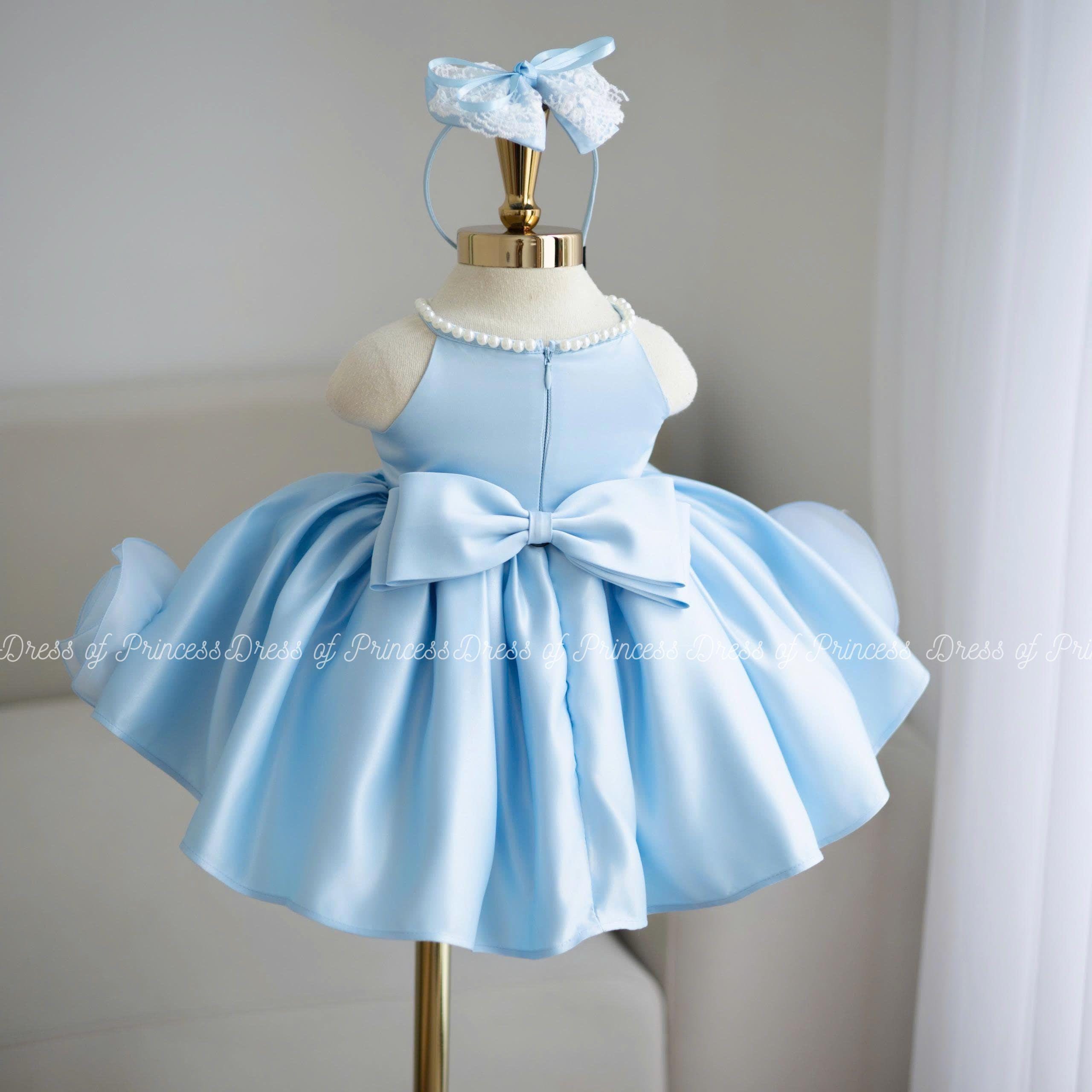 Light Blue Princess Dress With Bow & Roses – Baby Girl Birthday / Party ...