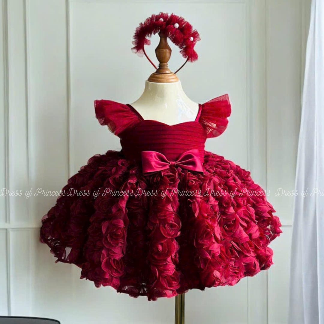 Luxury Red Rose Baby Girl Dress With Bow – Elegant Party, Birthday ...