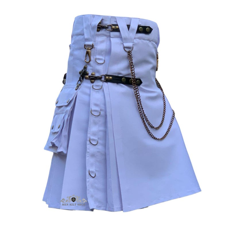 Scottish White Gothic Utility Kilt Cotton Leather Strap Utility Kilt ...