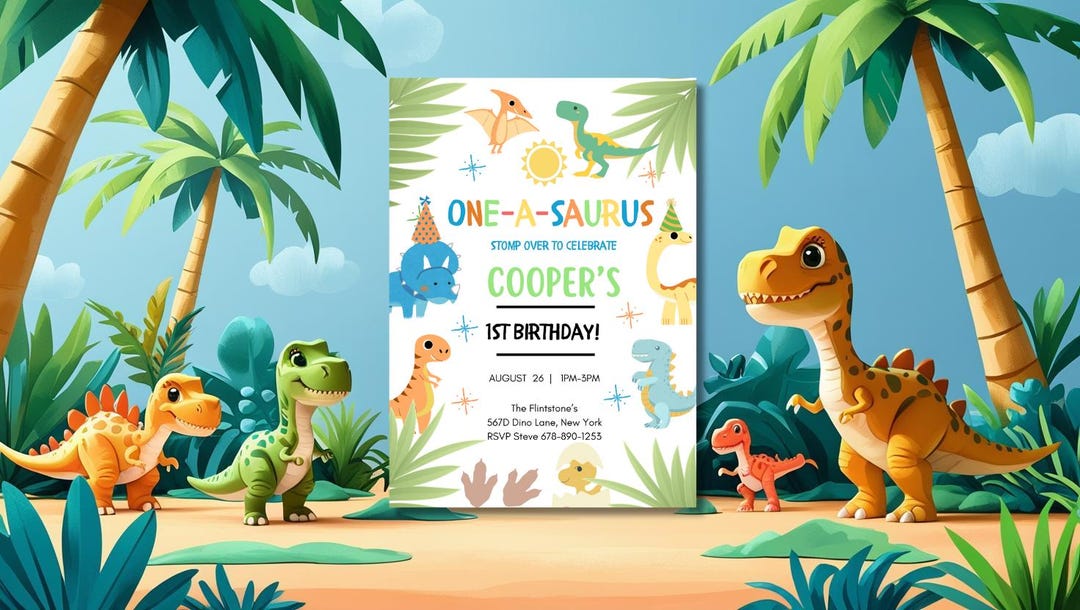 One-a-saurus Birthday Invitation: Dinosaur Party, Editable Template ...