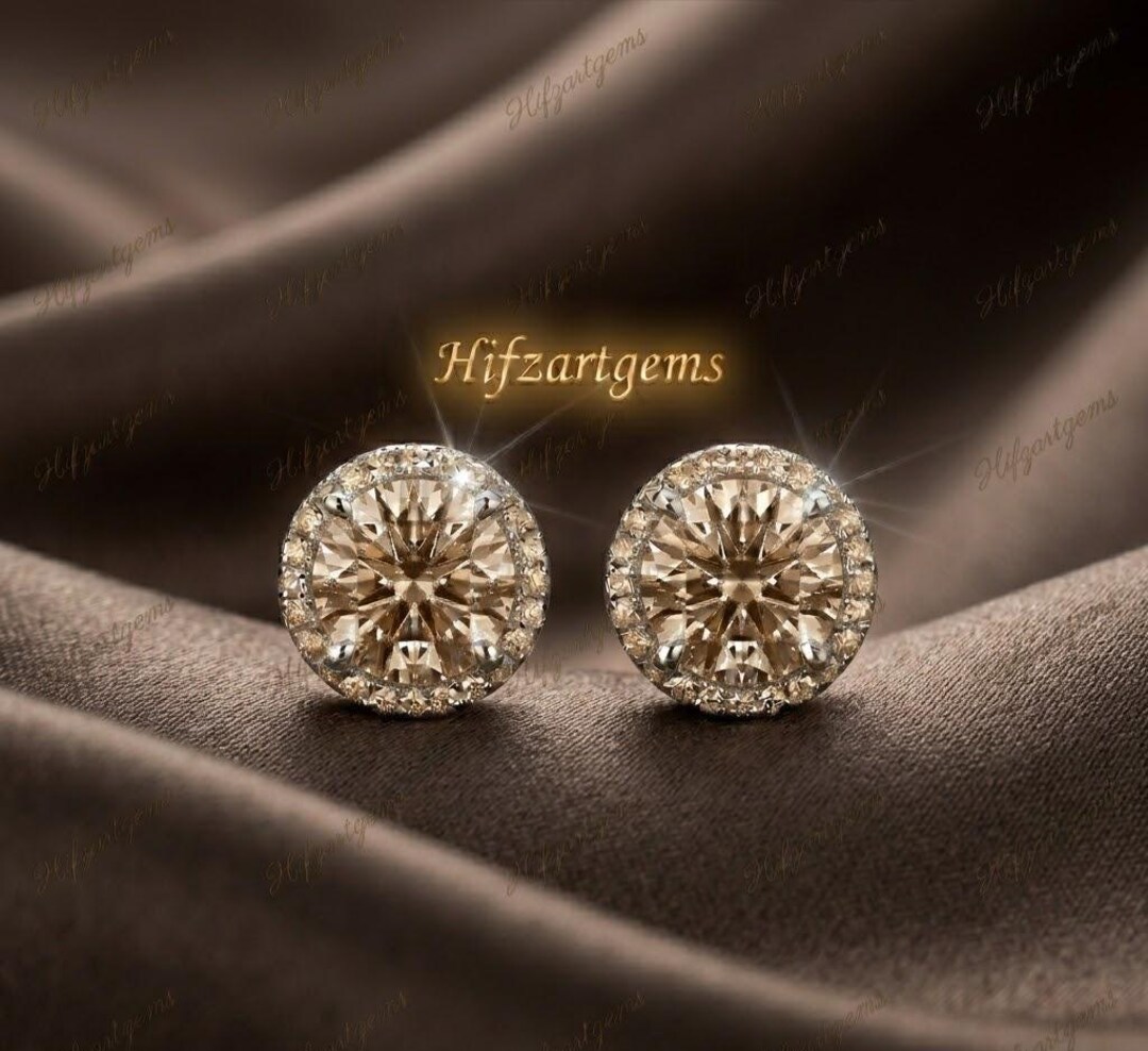 Lab Grown Champagne Diamond Stud Earrings 0.50 Ct Round Cut Sterling ...