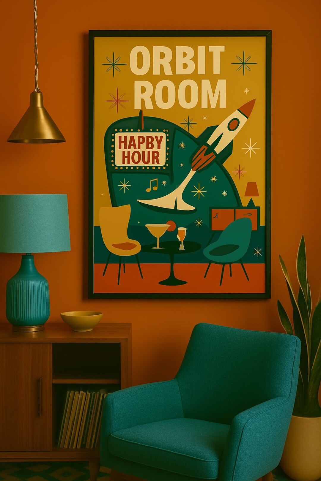 Orbit Room Poster - Retro Space Lounge Art Print - Mid-century Happy ...