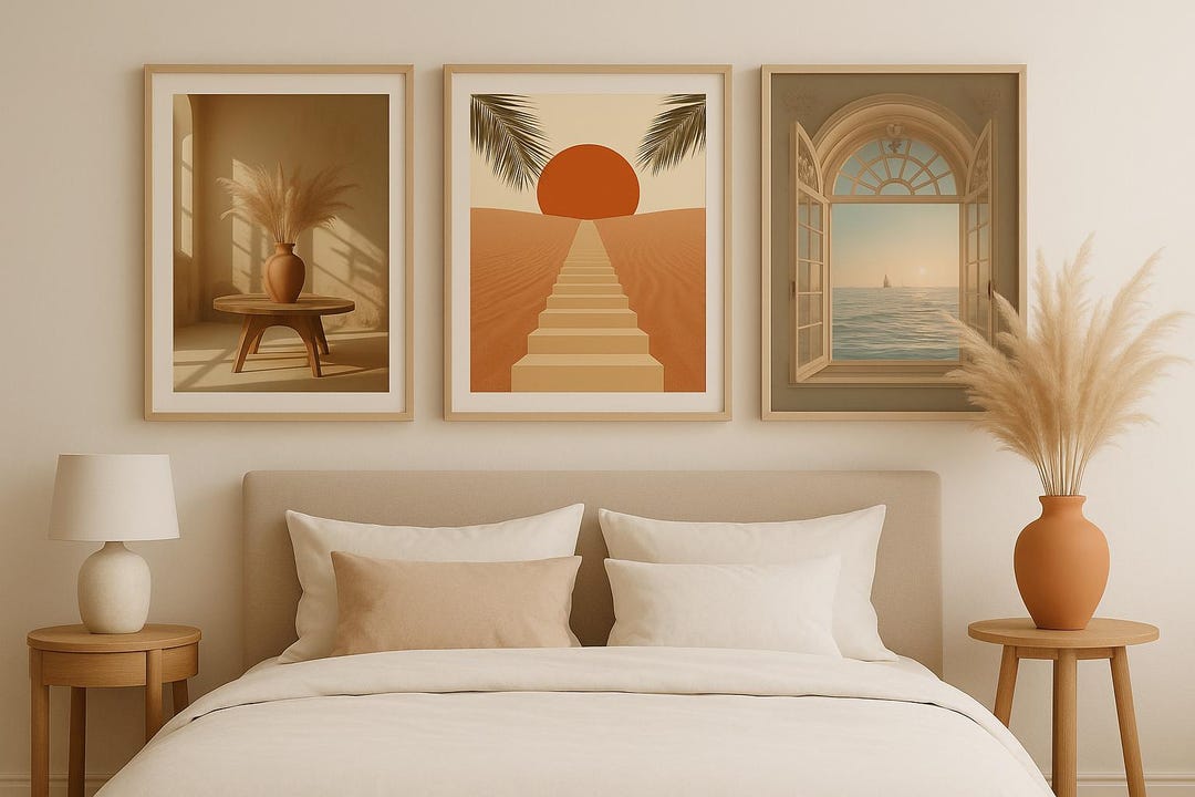 Desert Solstice – Boho Wall Art Set of 3 | Abstract Sun & Earthy Arches ...