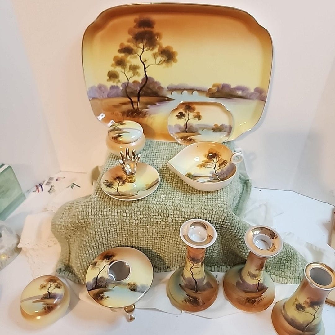 Antique Noritake Japanese Vanity 10 Piece Set Hand-painted Sunset Lake ...