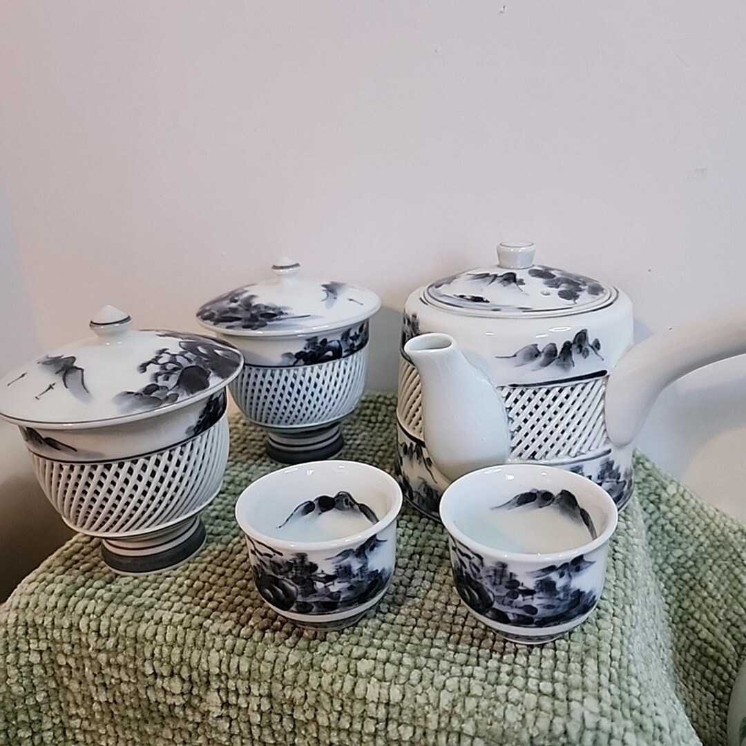 5 Piece Japanese Reticulated Porcelain Tea Set Sumi-e Ink Sukashibori ...