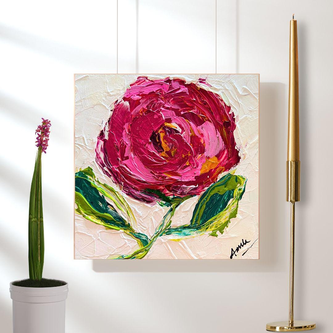 Original Palette Knife Rose Painting | 12x12” Textured Acrylic Art ...