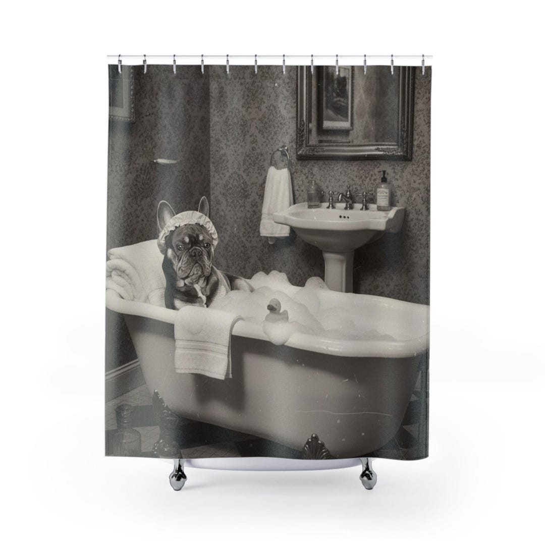 Vintage French Bulldog in Tub Shower Curtain: Pet Lover Bathroom Decor ...