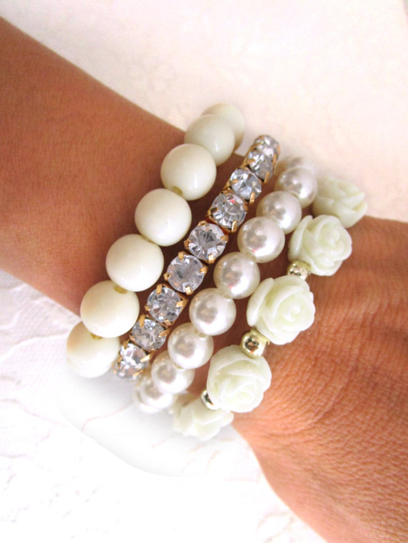 Flapper Accessories, Pearl Bracelet, Ivory Multiple Stacking Evening ...