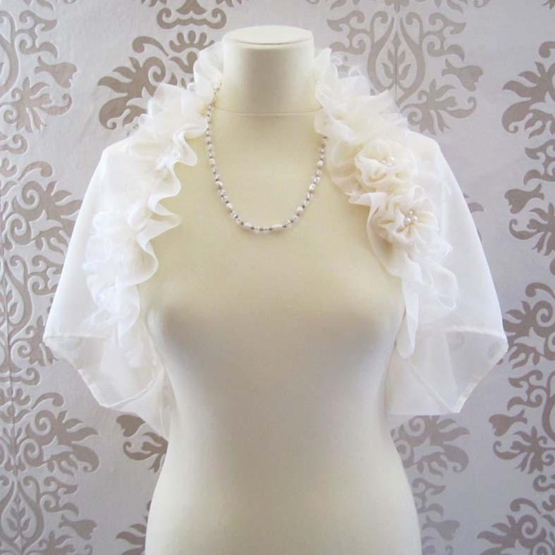 Wedding Bolero White Bridal Wrap Shrug Shawl Stole Ruffle Floral Mohair ...