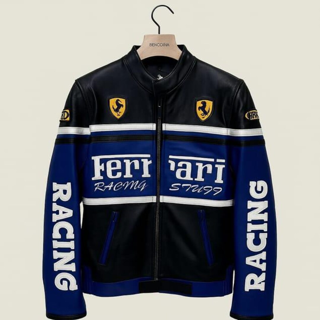 Ferrari Racing Leather Jacket Blue & Black Biker Jacket Men’s Vintage ...