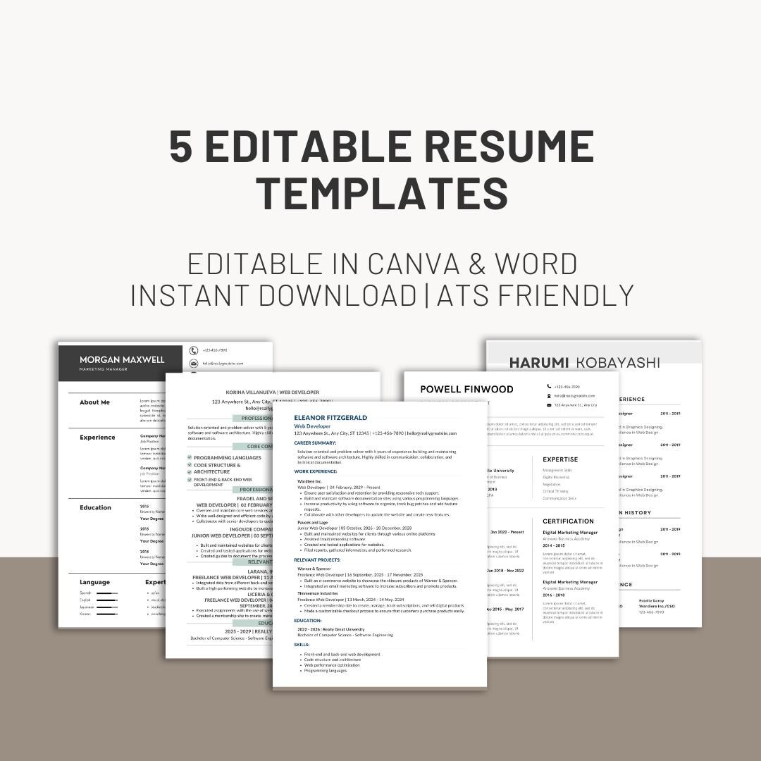 ATS Resume Template: Modern Minimalist CV, Editable PDF & Word (instant ...